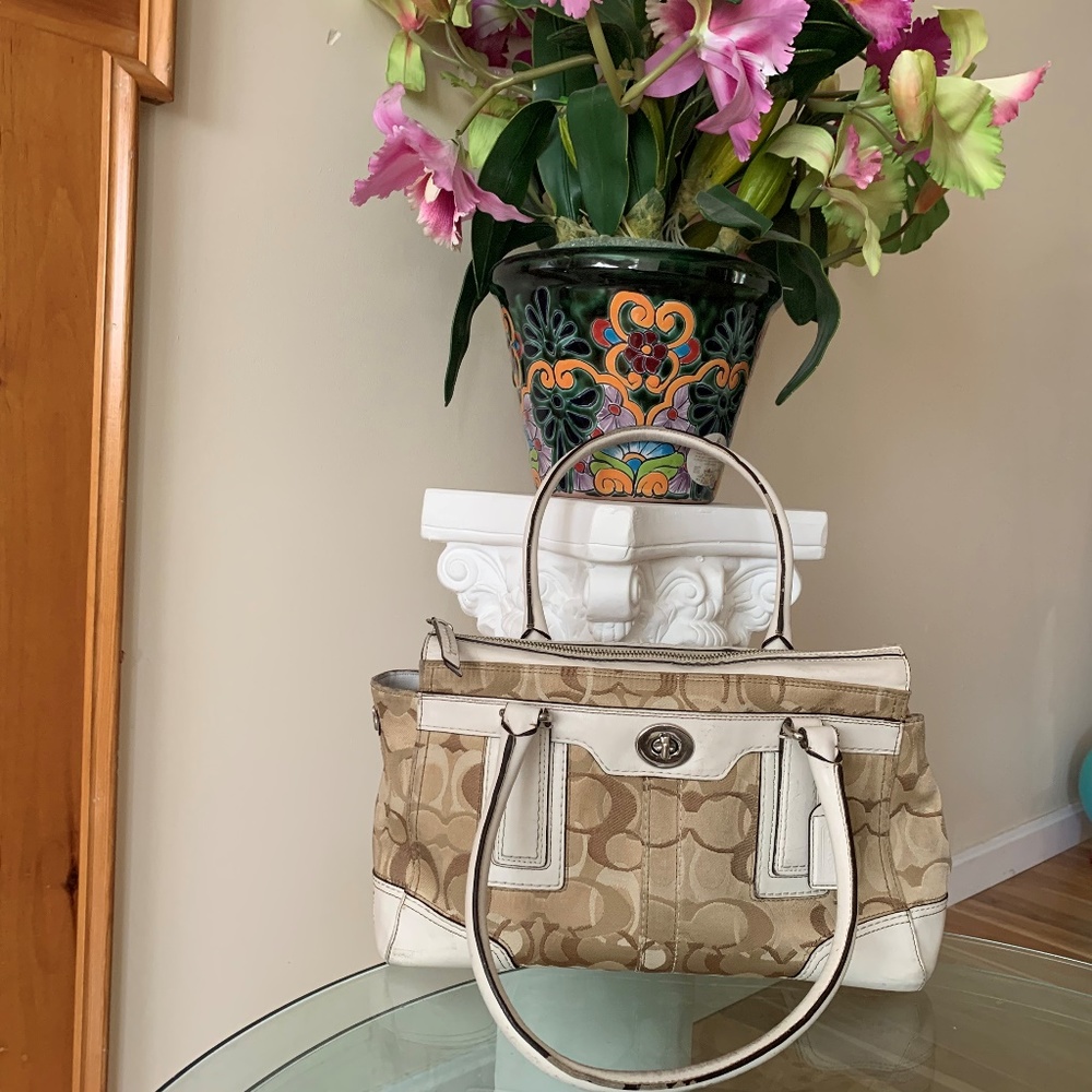Coach C Signature White Leather Trim Handbag - Gem